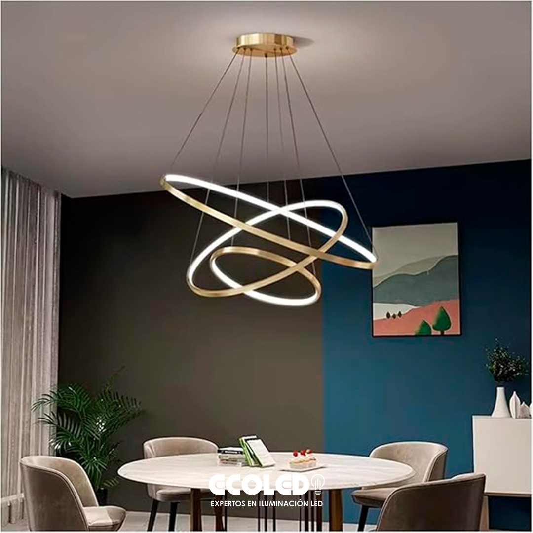 LÁMPARA COLGANTE DE 3 AROS LED EN ACABADO DORADO – K22138 | ECOLED
